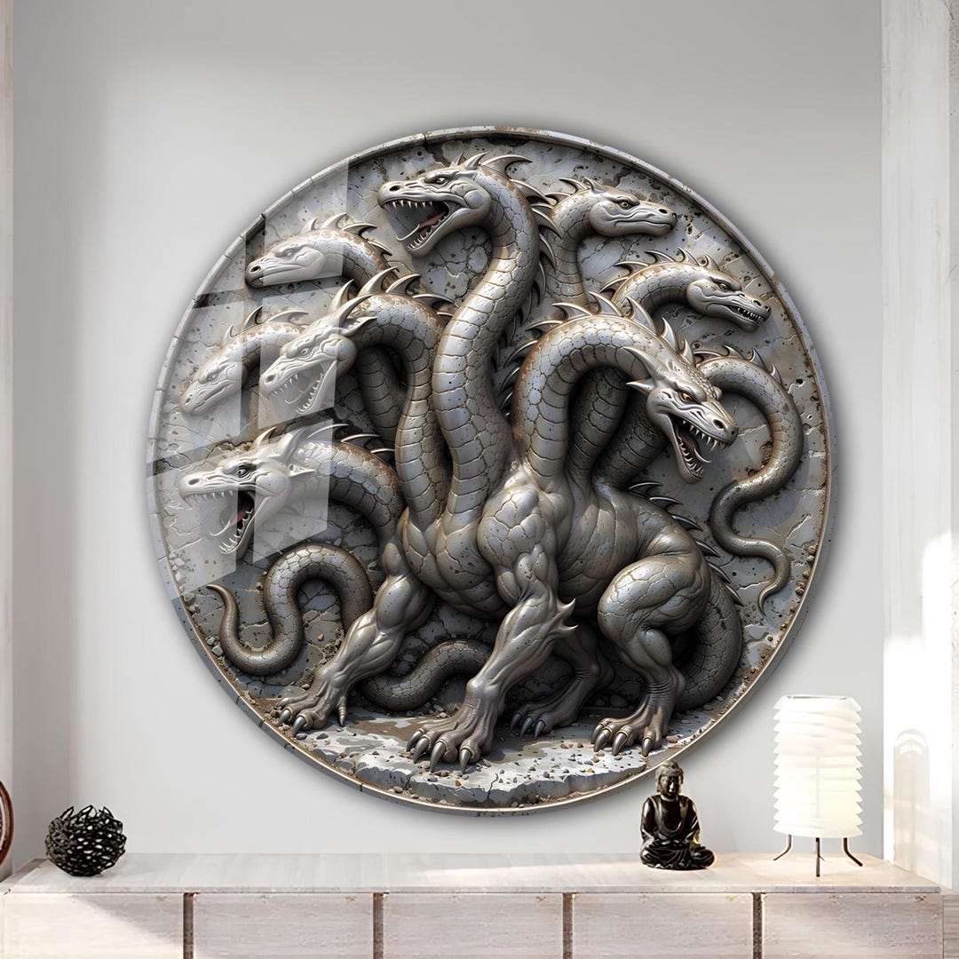Hydra Silver Look Tempered Glass Wall Art, Round Mythology Decor - Etsy