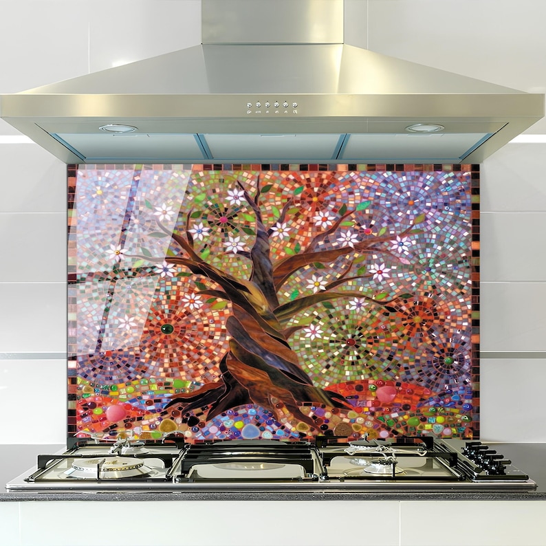 Stained Backsplash Life of Tree-solid Tempered Glass Wall Protection ...