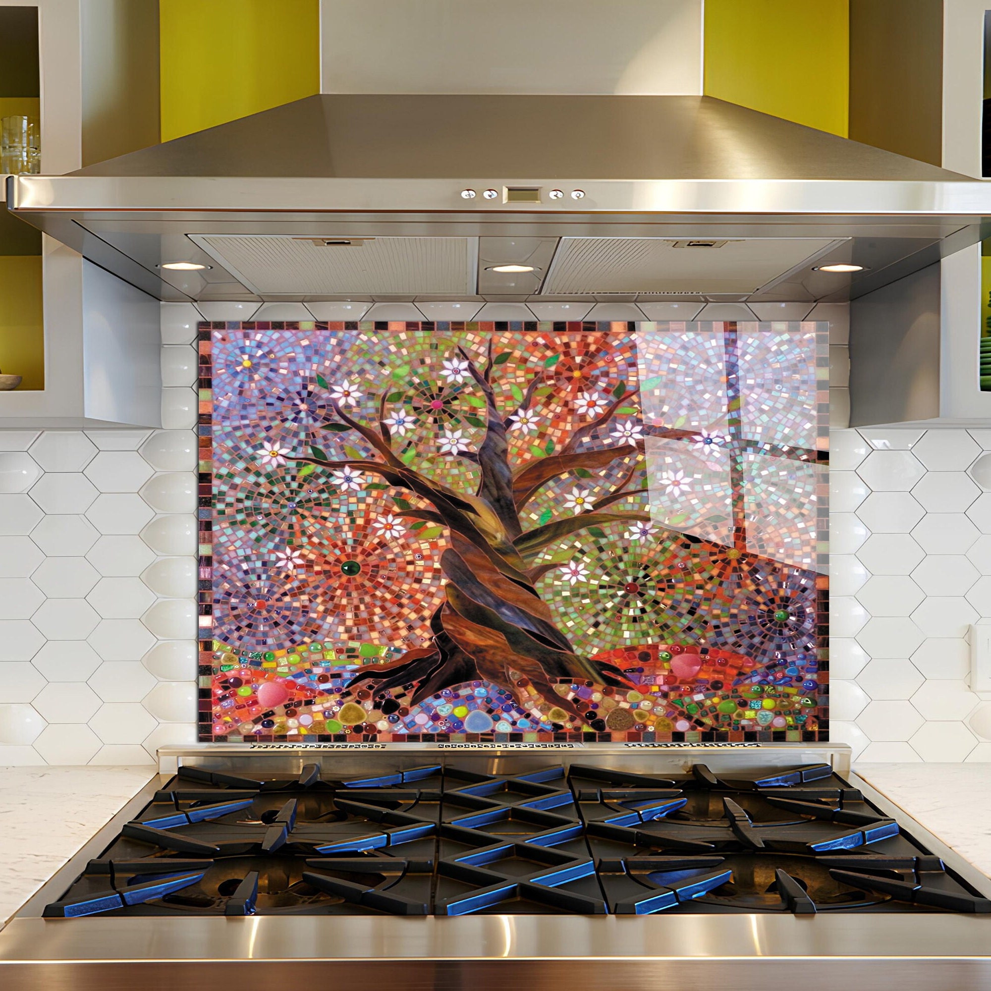 Stained Backsplash Life of Tree-solid Tempered Glass Wall Protection ...