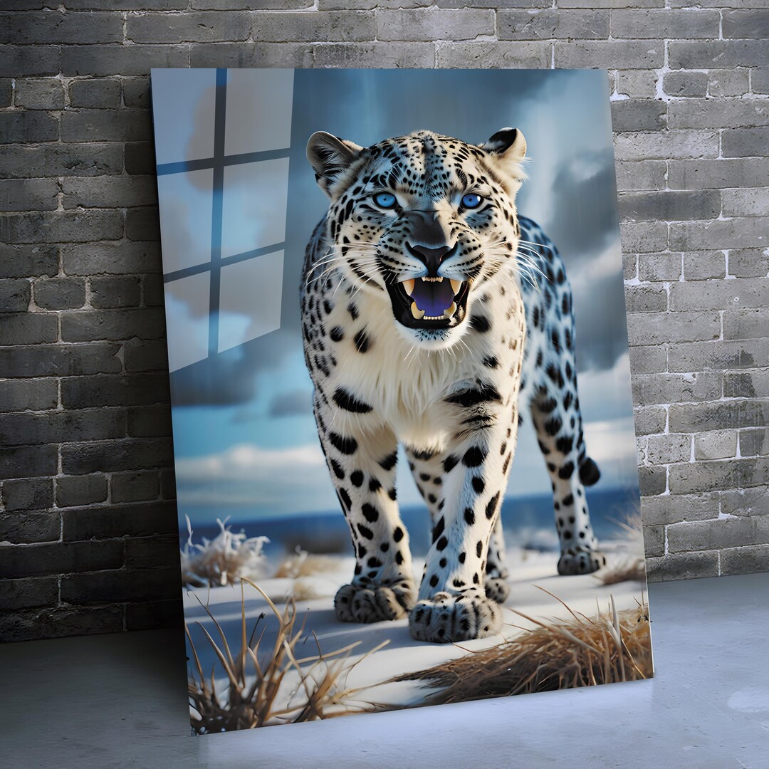 White Leopard Glass Wall Art, Snow Wall Art, White Leopard Wall Decor ...