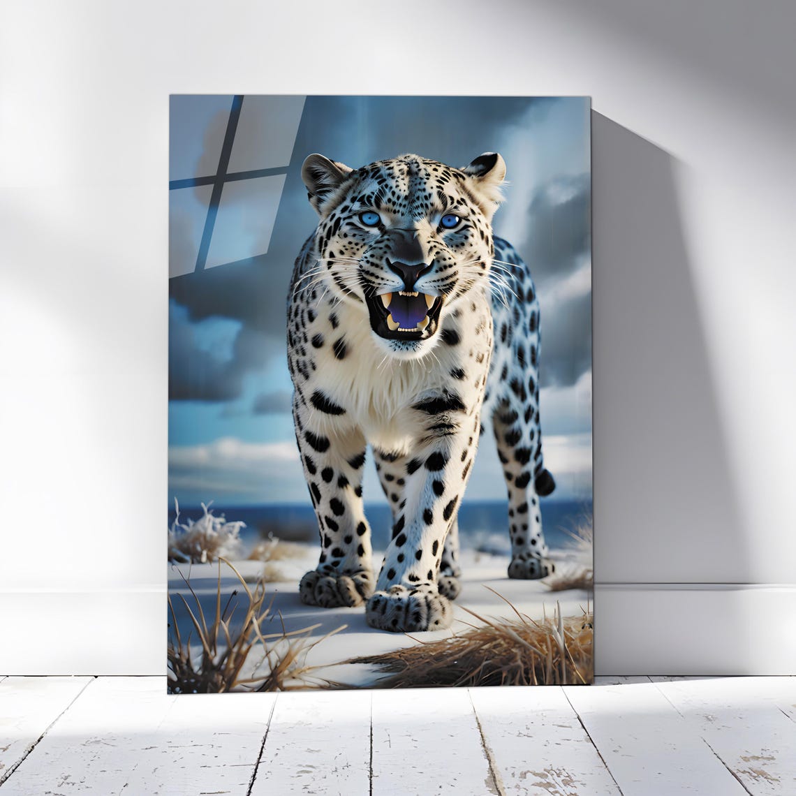 White Leopard Glass Wall Art, Snow Wall Art, White Leopard Wall Decor ...