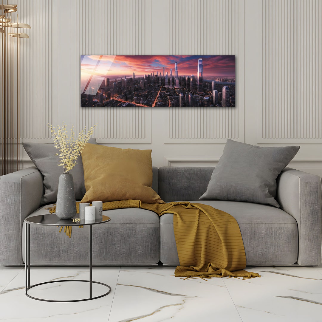 New York Cityscape Panoramic Glass Wall Art, Large High Gloss Brooklyn ...
