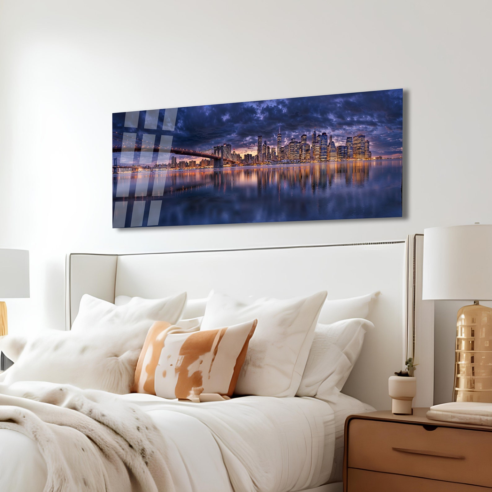 New York Cityscape Panoramic Glass Wall Art, Large High Gloss Brooklyn ...