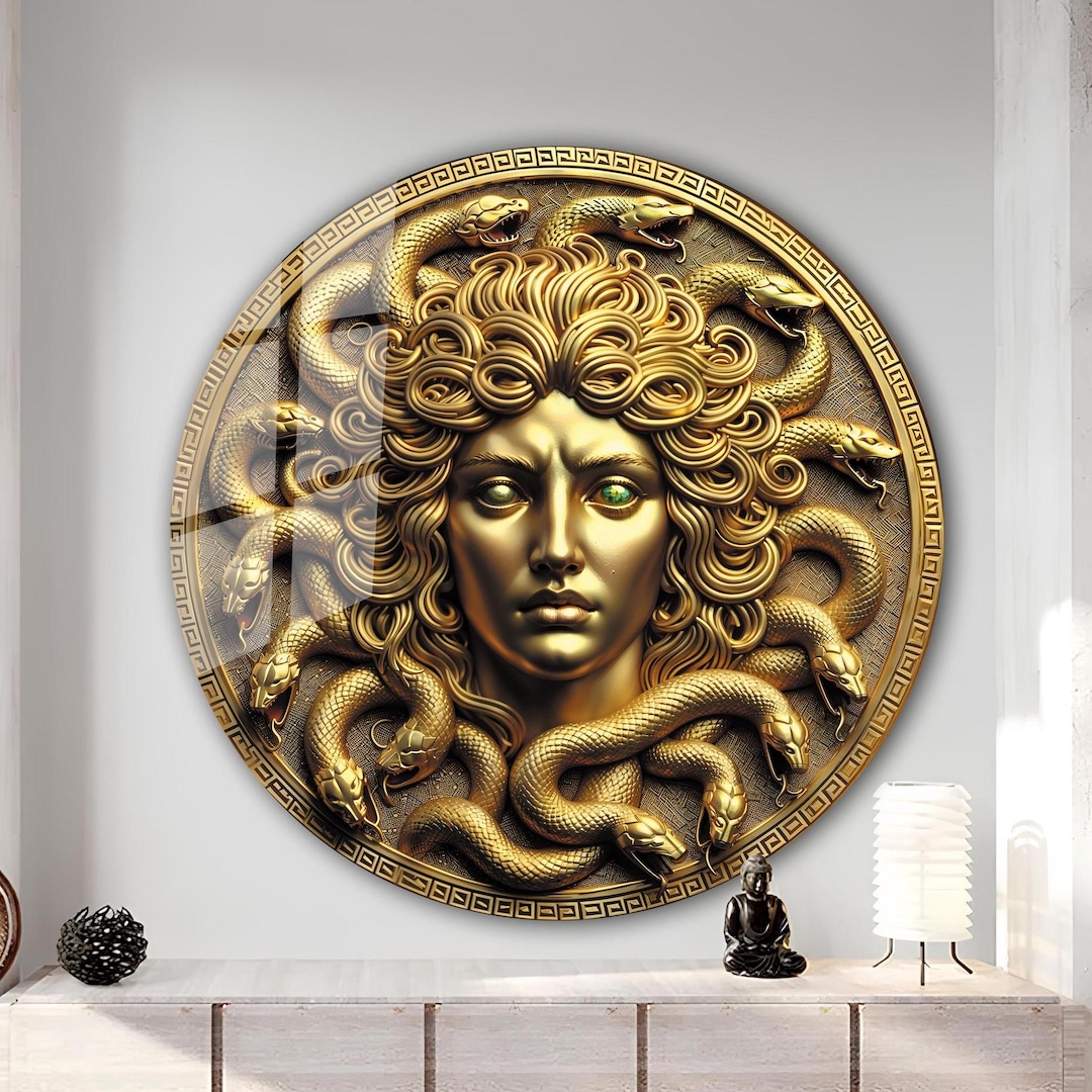 Gold Medusa Wall Art, Round Glass Art, Tempered Glass Wall Art, Medusa ...