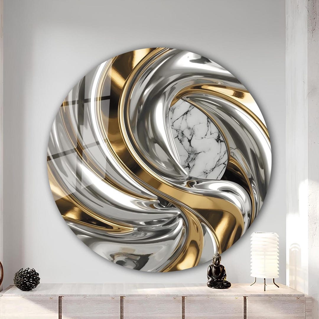 Gold and Silver Marble Round Glass Wall Art, Modern Luxury Wall Decor ...