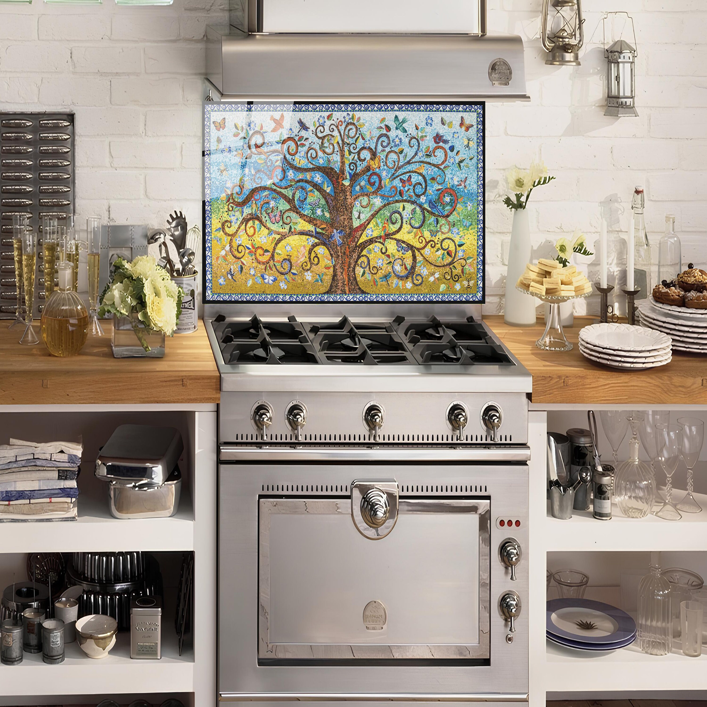 Stained Backsplash Life of Tree-solid Tempered Glass Wall Protection ...