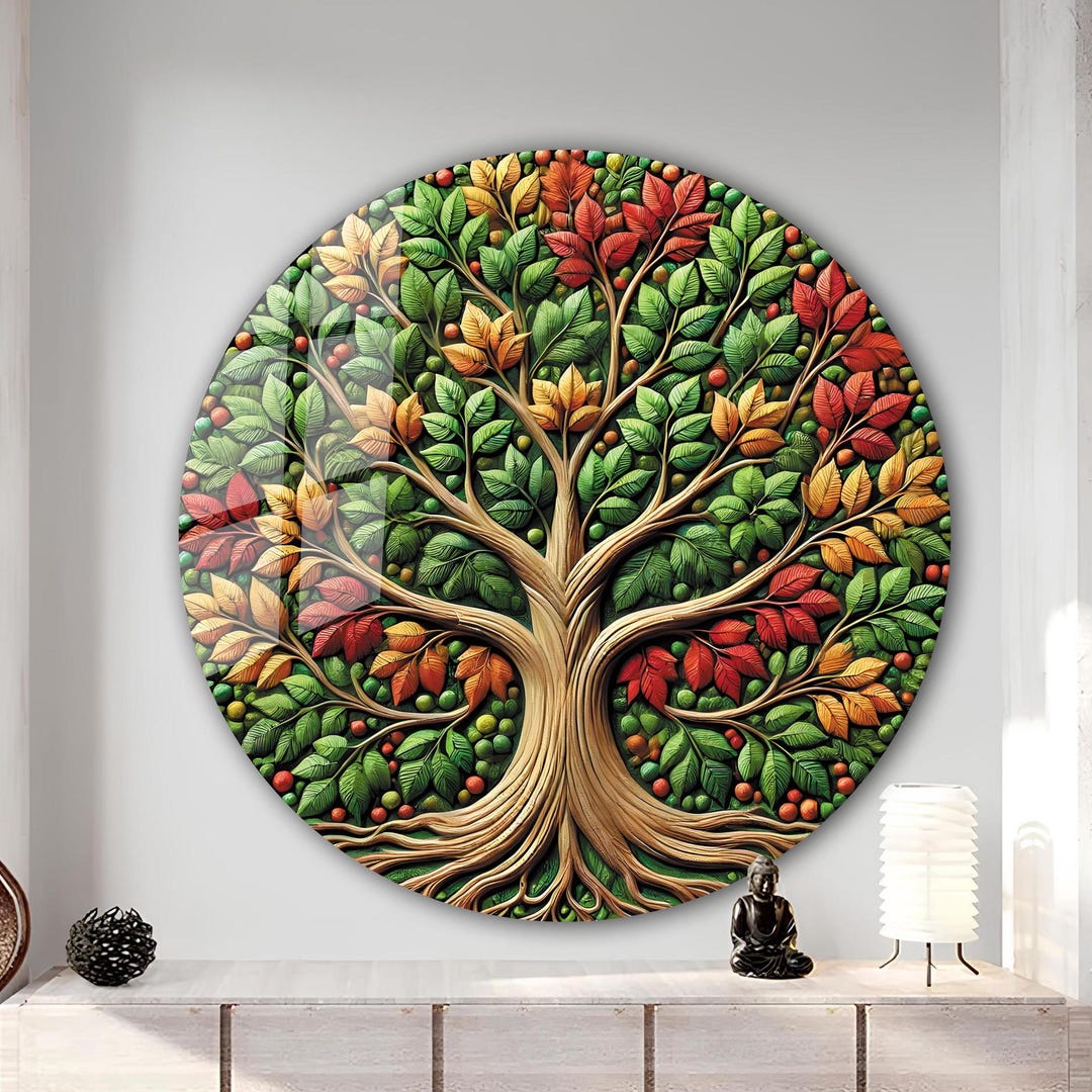 Round Tree of Life Glass Wall Art, Life of Tree Glass Decor, Tempered ...
