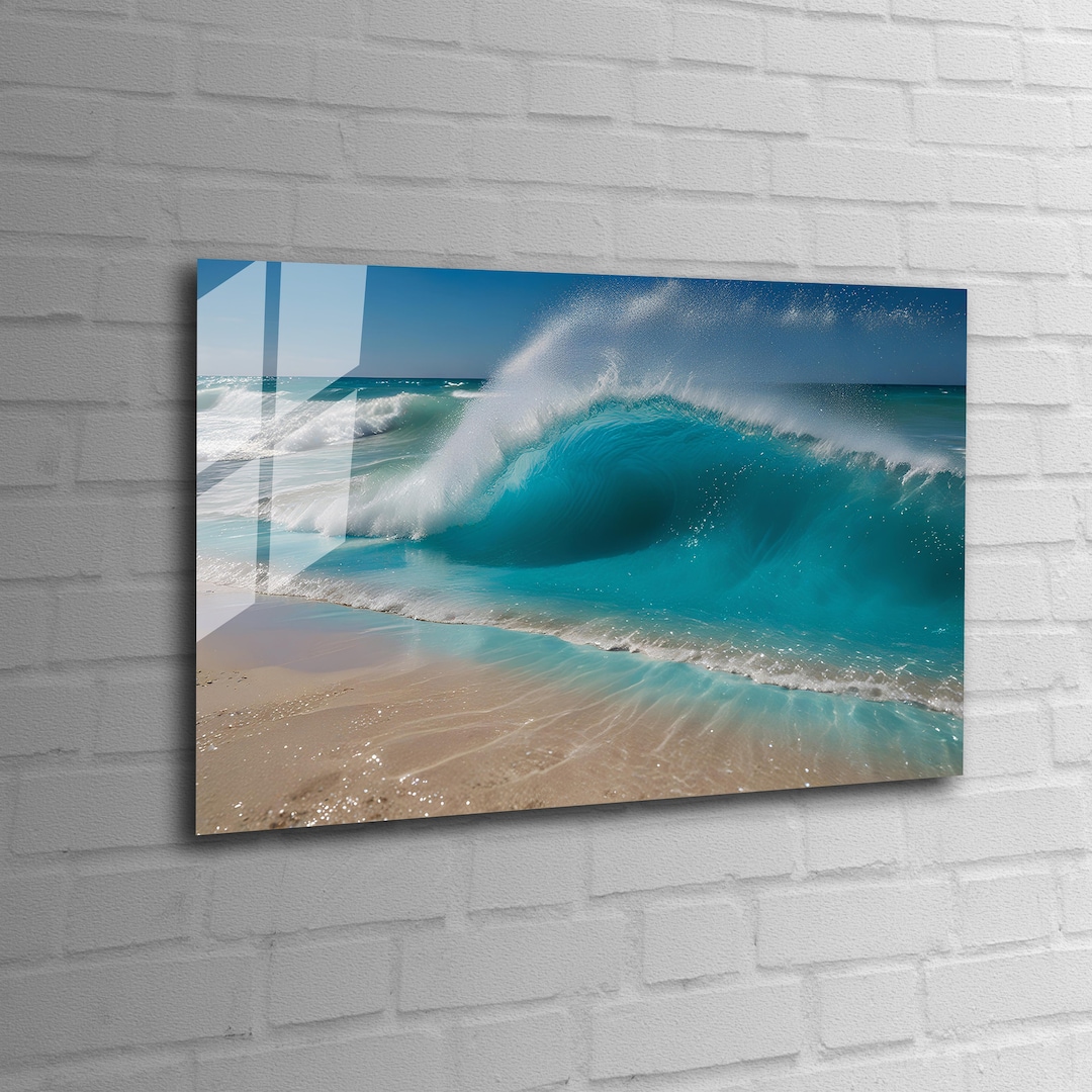 Glass Wall Art Ocean Tempered Glass Art Sea Wave Wall Hanging Blue ...