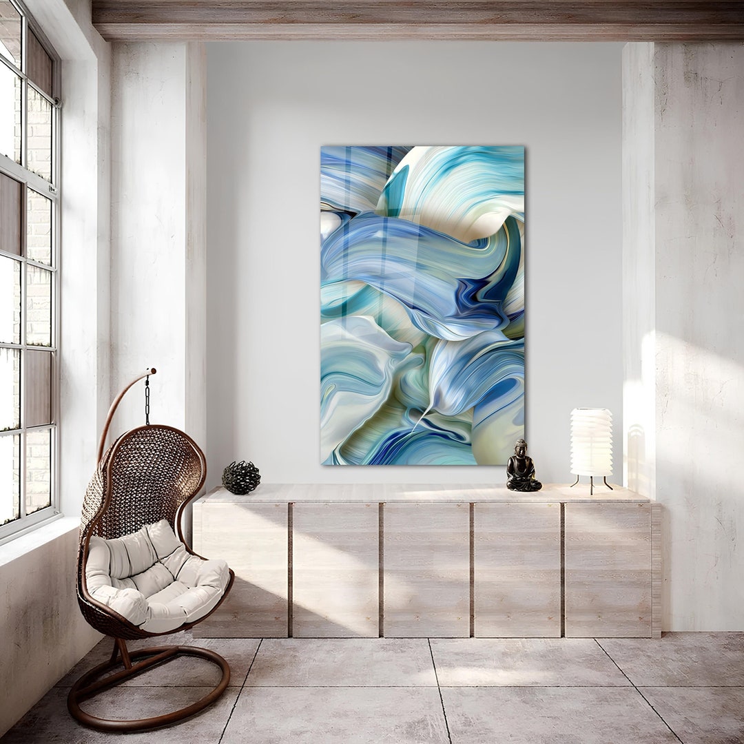 Blue Abstract Marble Tempered Glass Wall Art, Blue Marble Oil Glass ...