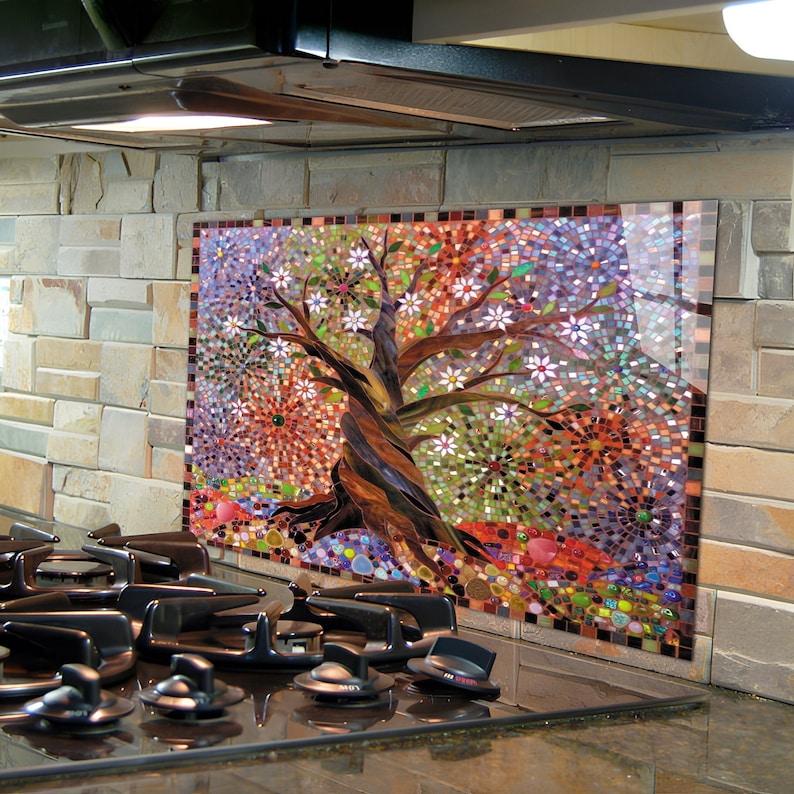 Stained Backsplash Life of Tree-solid Tempered Glass Wall Protection ...