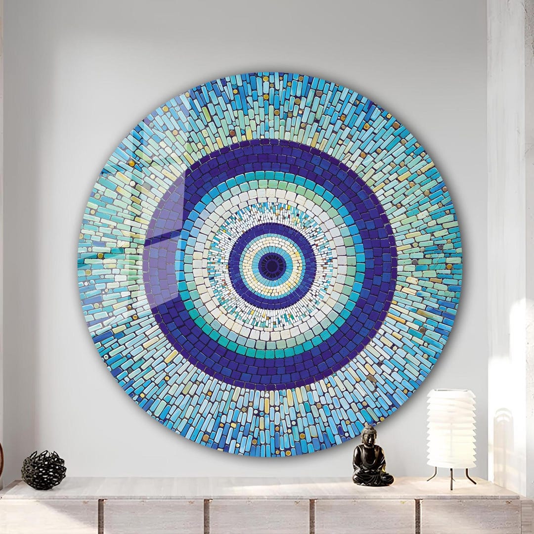 Deep Blue Evil Eye Glass Wall Art, Mosaic Nazar Decor - Etsy