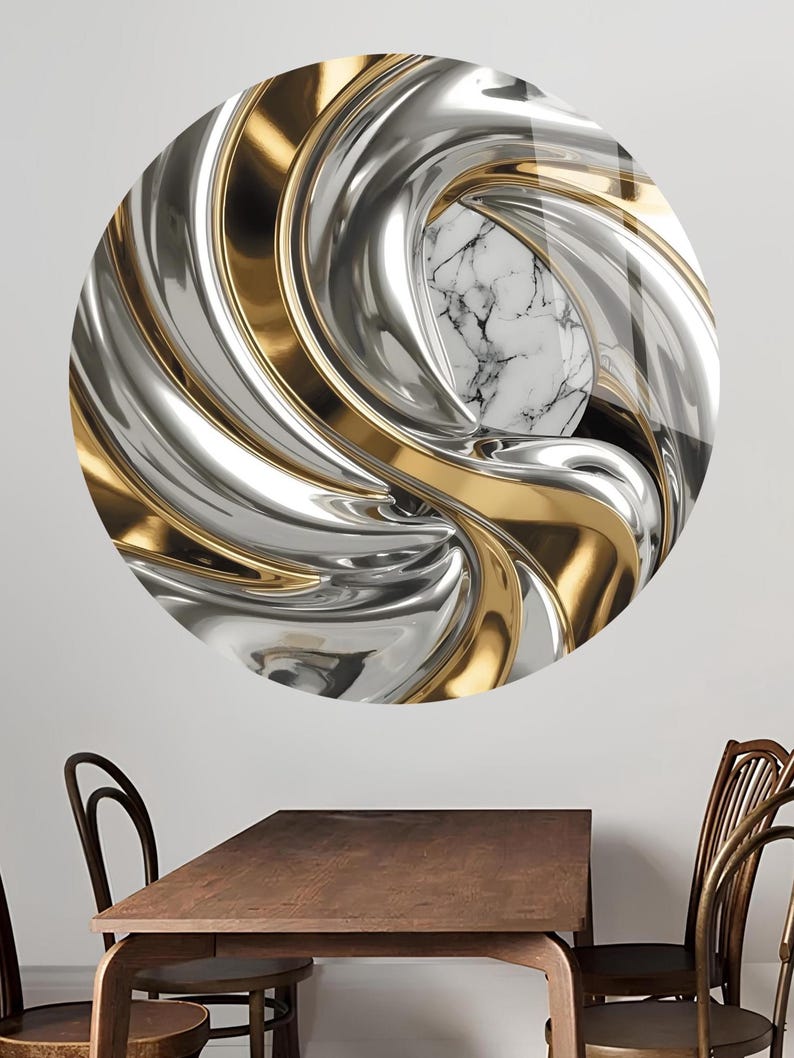 Gold and Silver Marble Round Glass Wall Art, Modern Luxury Wall Decor ...