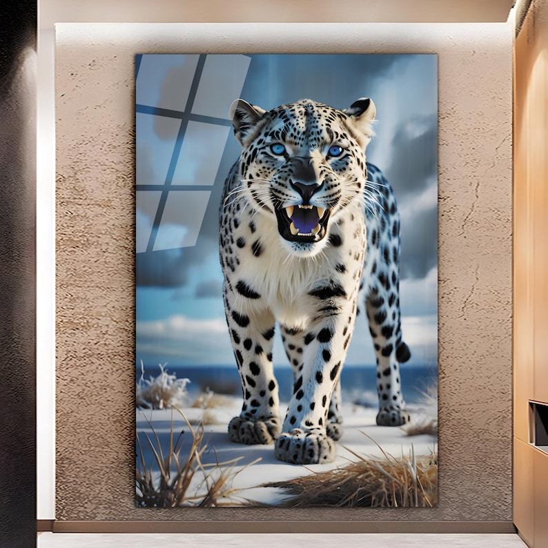 White Leopard Glass Wall Art, Snow Wall Art, White Leopard Wall Decor ...