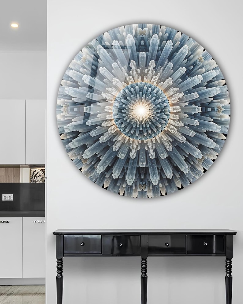 Arte de parede redonda em vidro temperado com efeito vitral azul e ...