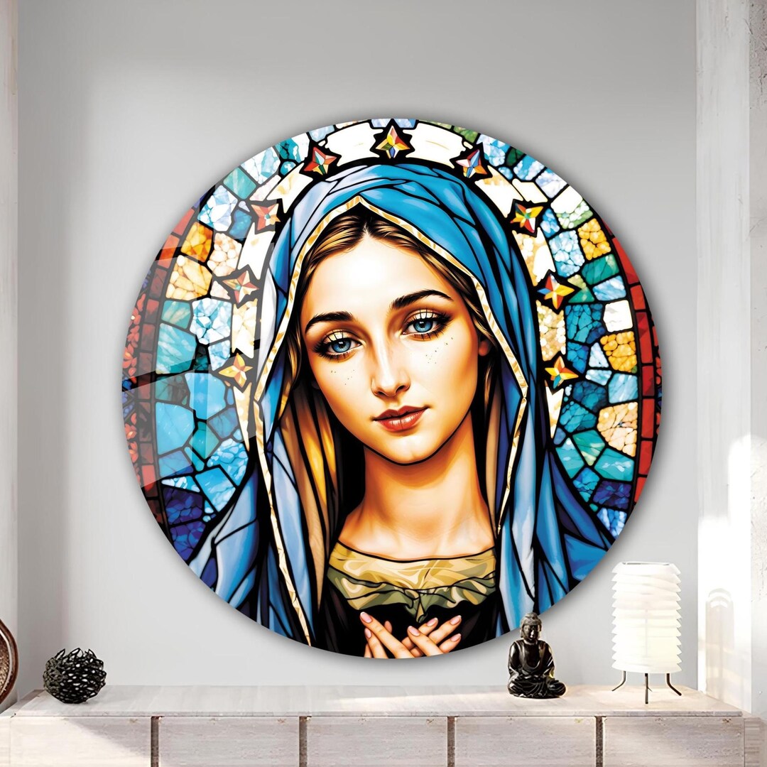 Virgin Mary Tempered Glass Wall Art, Virgin Mary Round Tempered Glass ...
