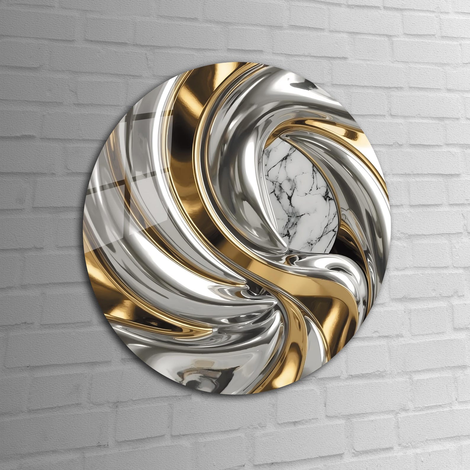 Gold and Silver Marble Round Glass Wall Art, Modern Luxury Wall Decor ...
