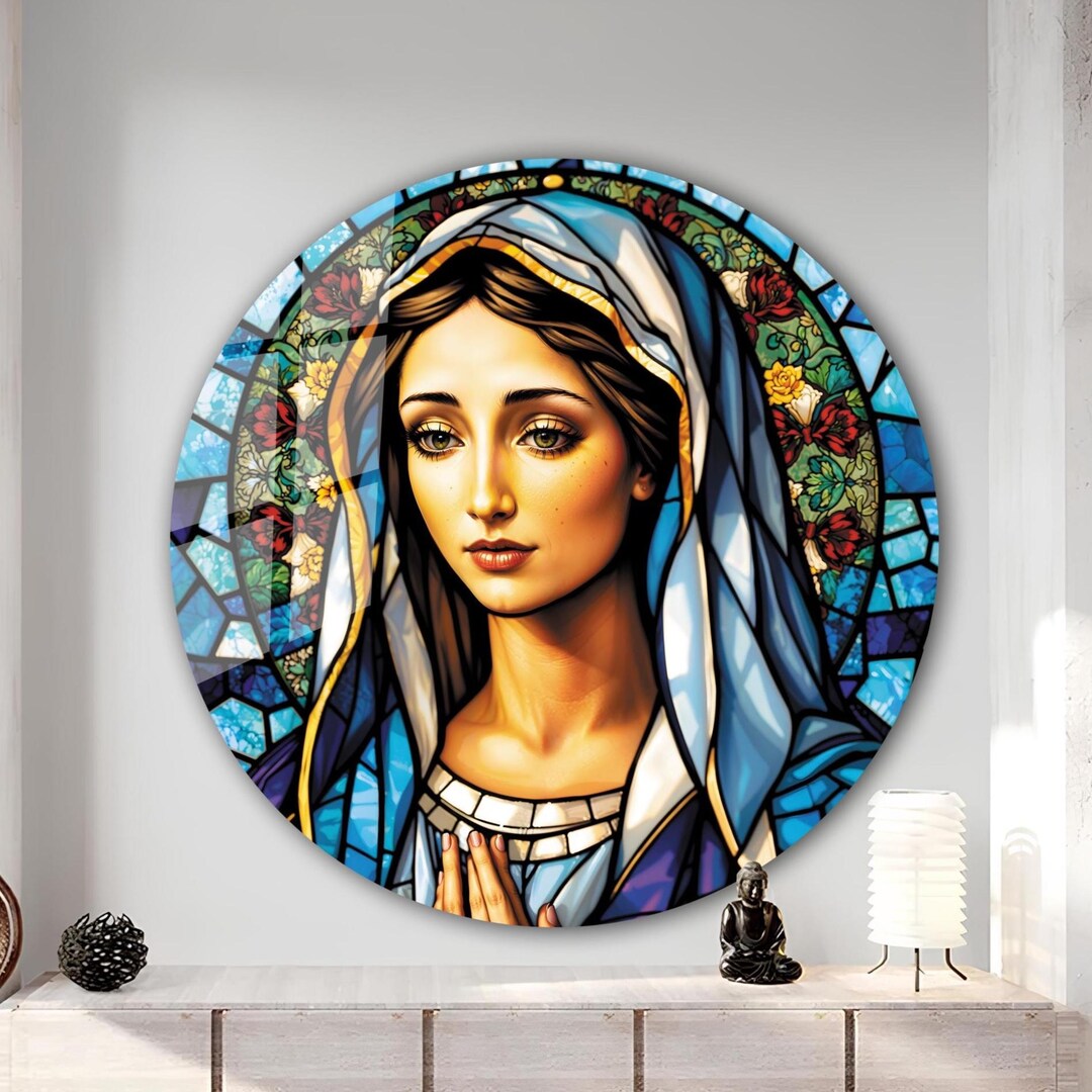 Virgin Mary Tempered Glass Wall Art, Virgin Mary Round Tempered Glass ...