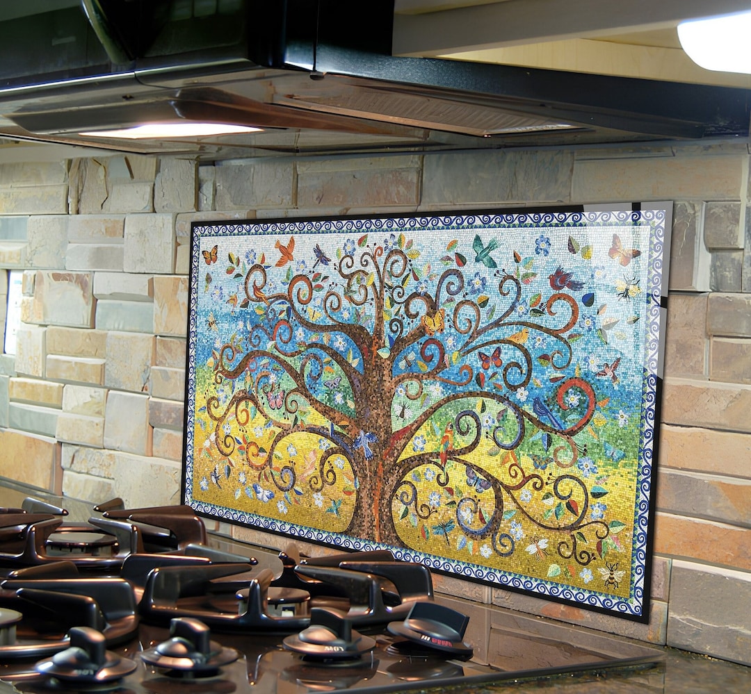Stained Backsplash Life of Tree-solid Tempered Glass Wall Protection ...