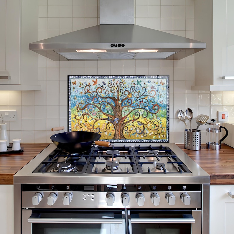 Stained Backsplash Life of Tree-solid Tempered Glass Wall Protection ...