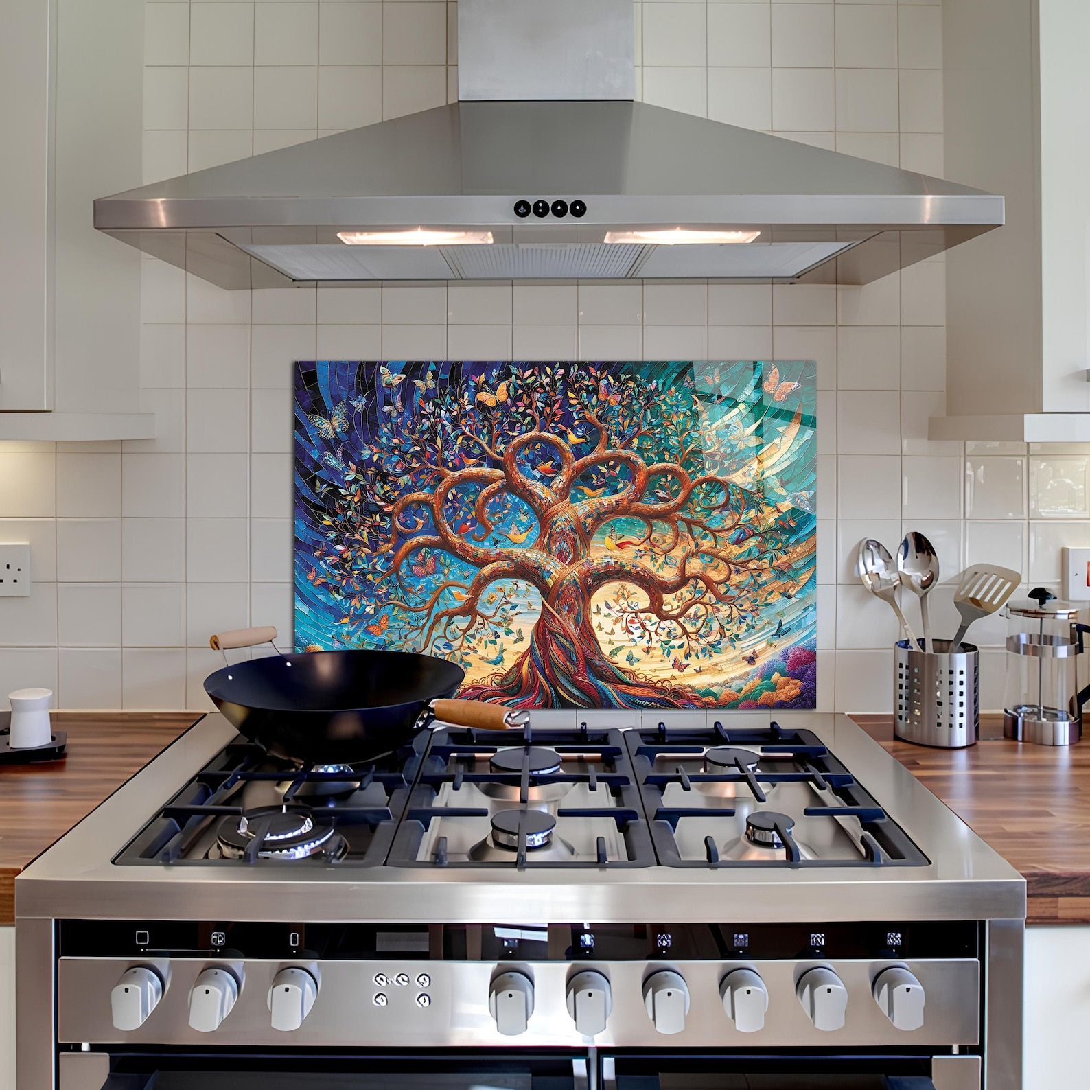 Stained Backsplash Life of Tree-solid Tempered Glass Wall Protection ...