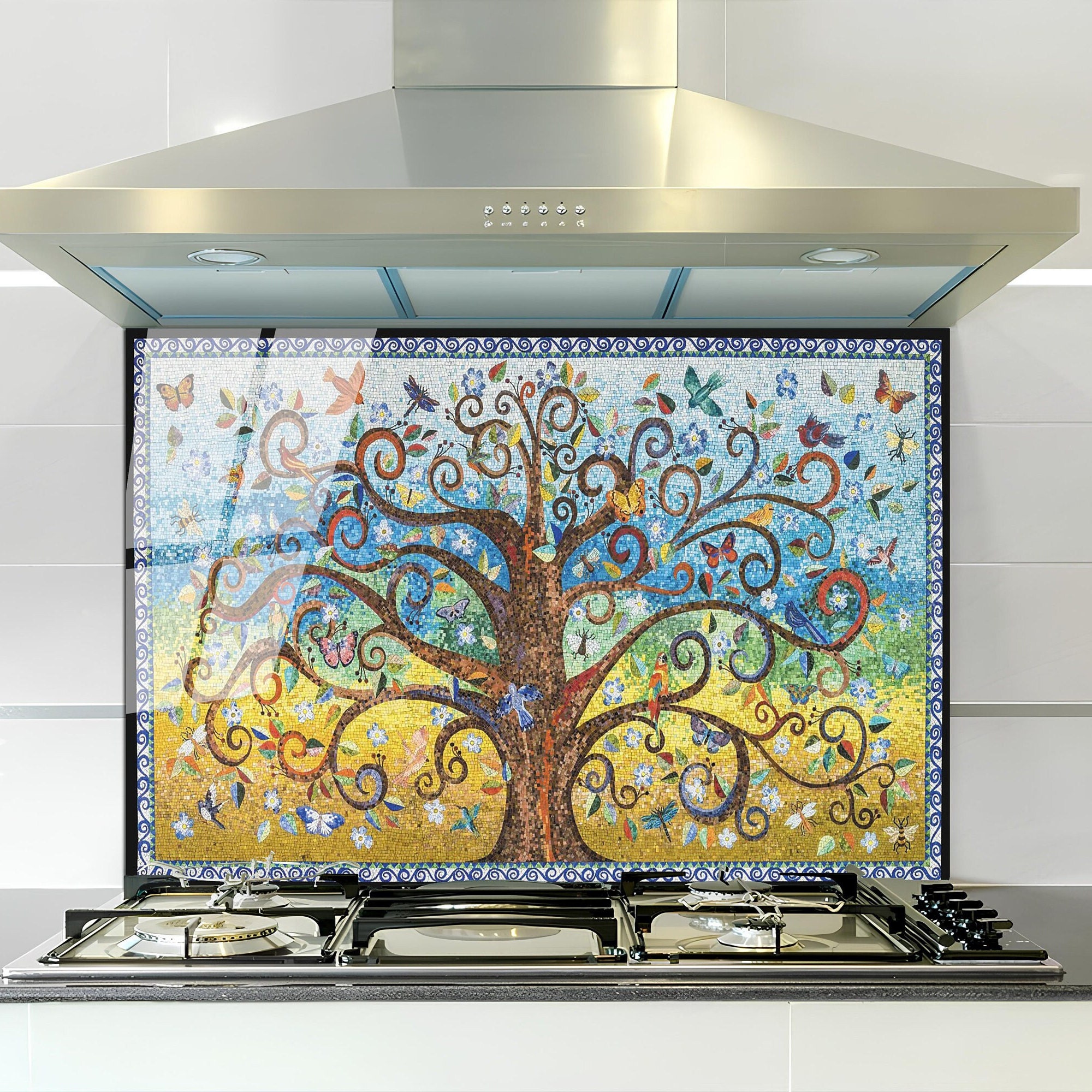 Stained Backsplash Life of Tree-solid Tempered Glass Wall Protection ...