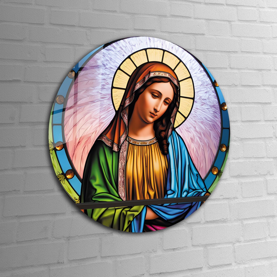 Virgin Mary Tempered Glass Wall Art, Virgin Mary Round Tempered Glass ...