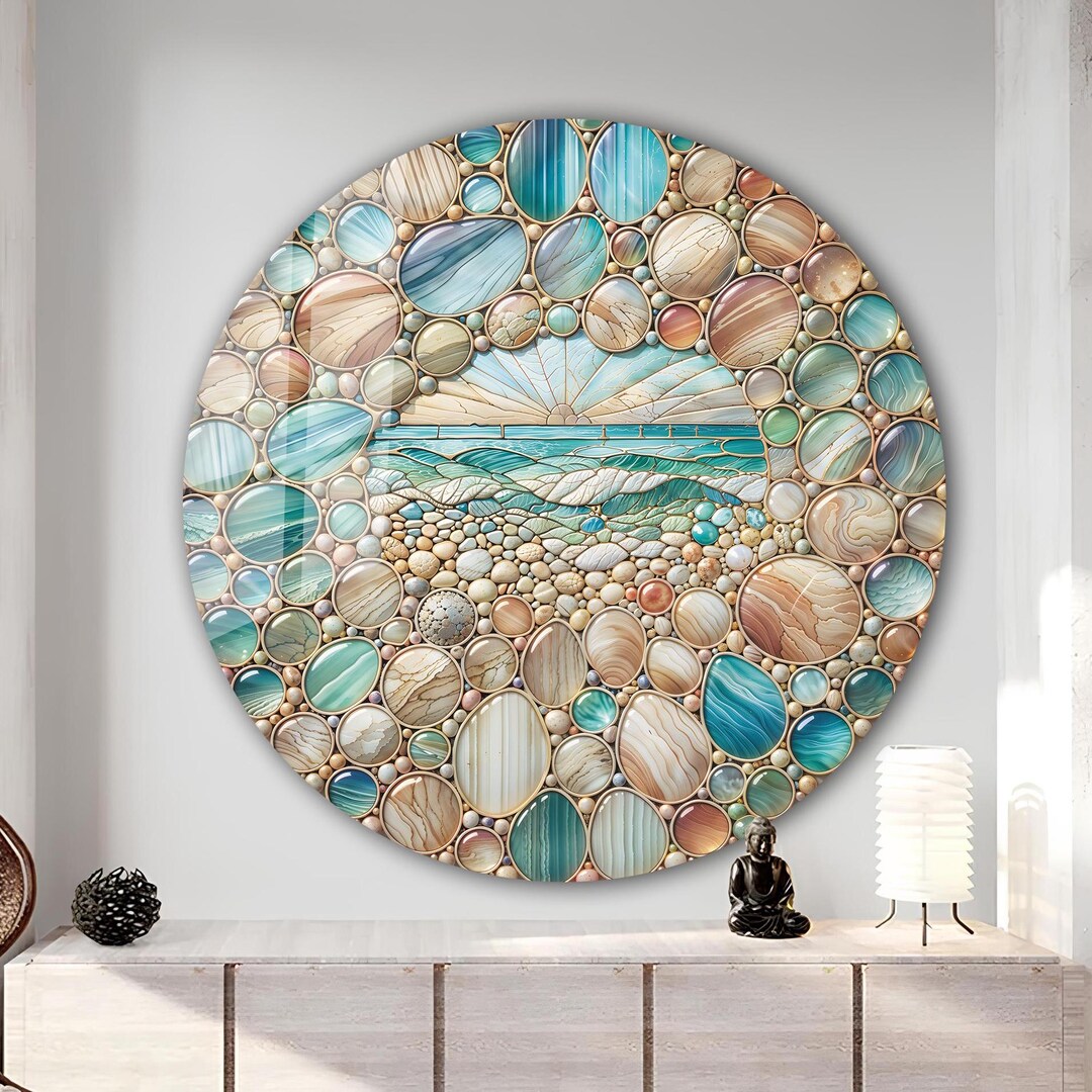 Ocean Beach Stained, Tempered Glass Wall Art, Wavy Sea Round Glass ...