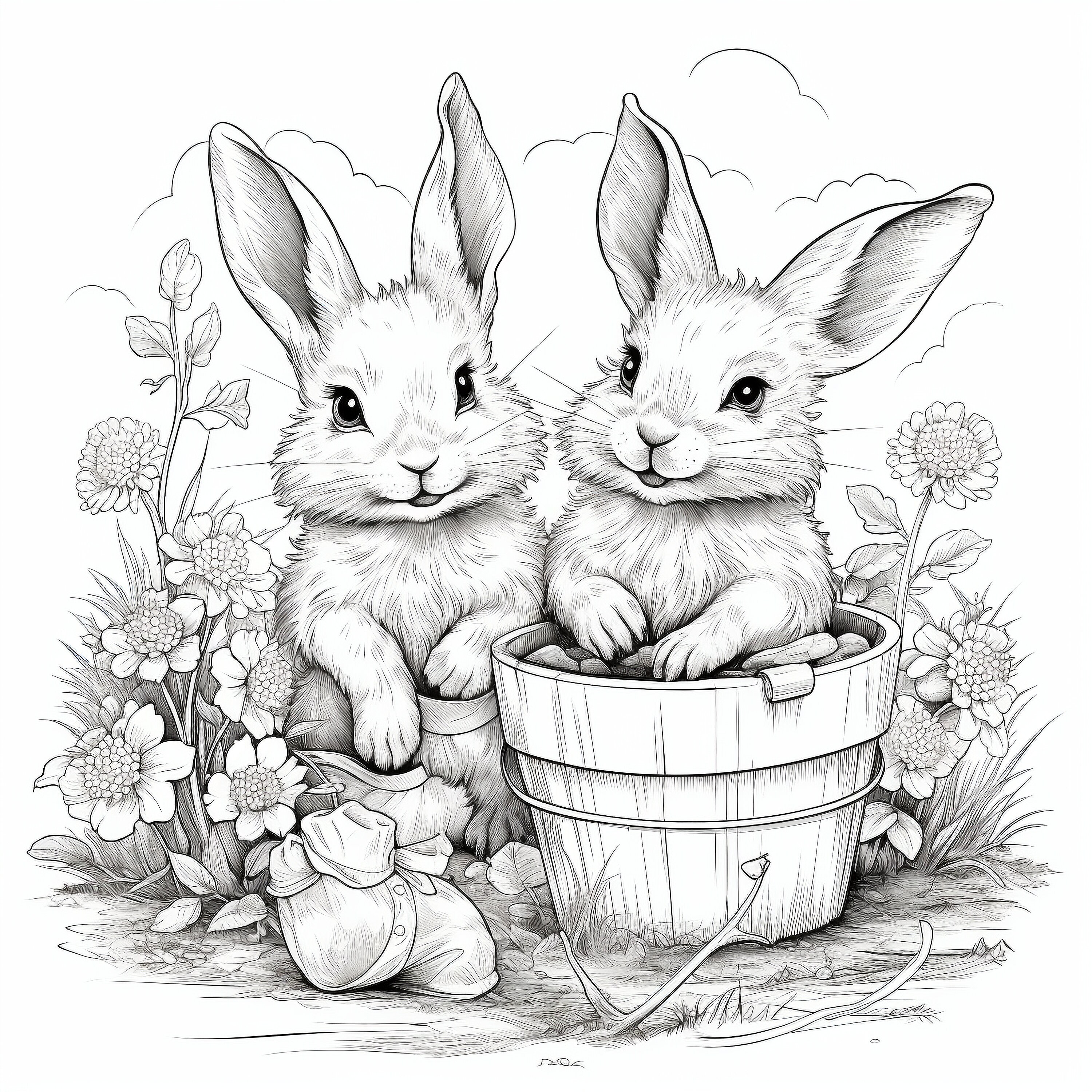 Rabbits Garden Coloring Book, Digital Download PDF, Rabbit PDF, 5 ...