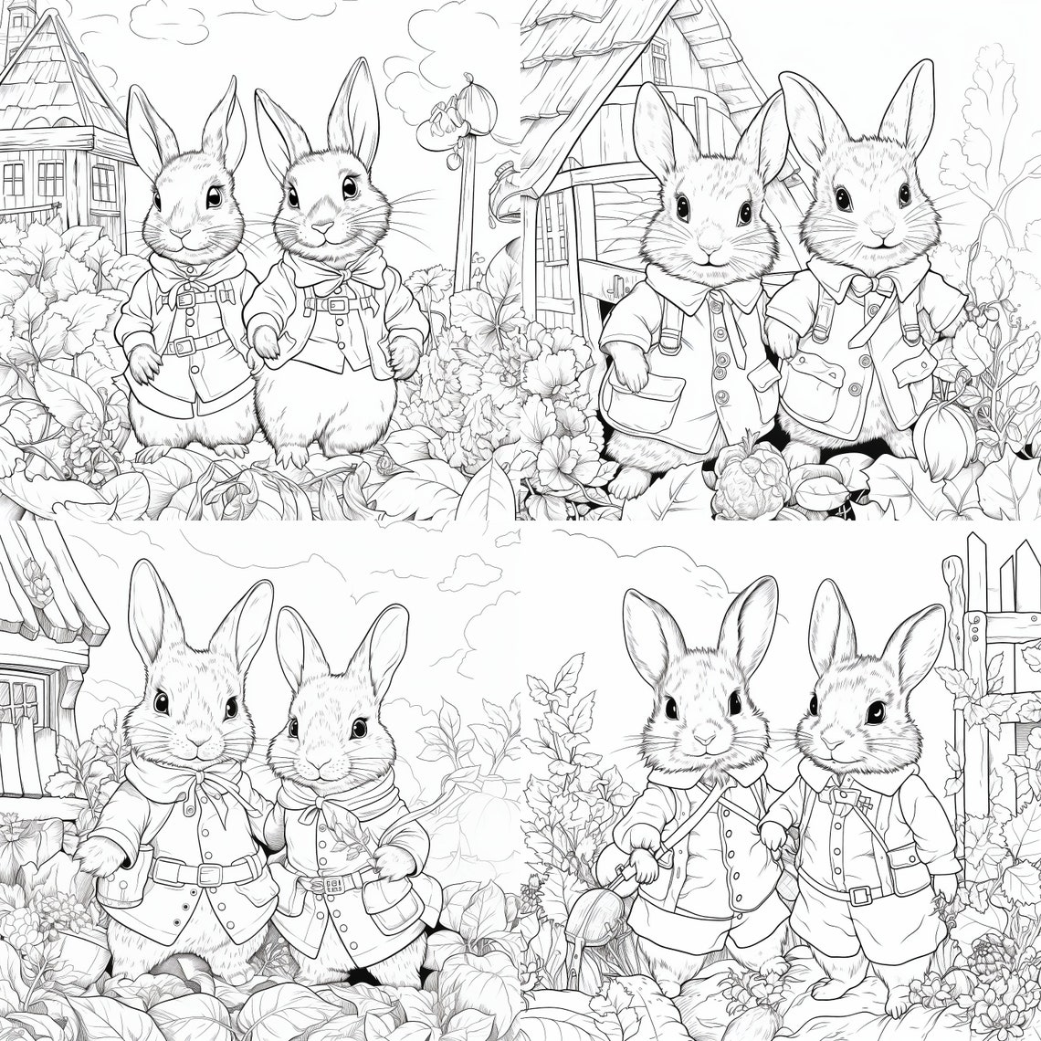 Cartoon Rabbit Friends Coloring Book, Digital Download PDF, Rabbits PDF ...