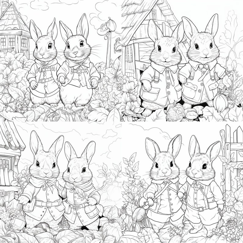 Cartoon Rabbit Friends Coloring Book, Digital Download PDF, Rabbits PDF ...
