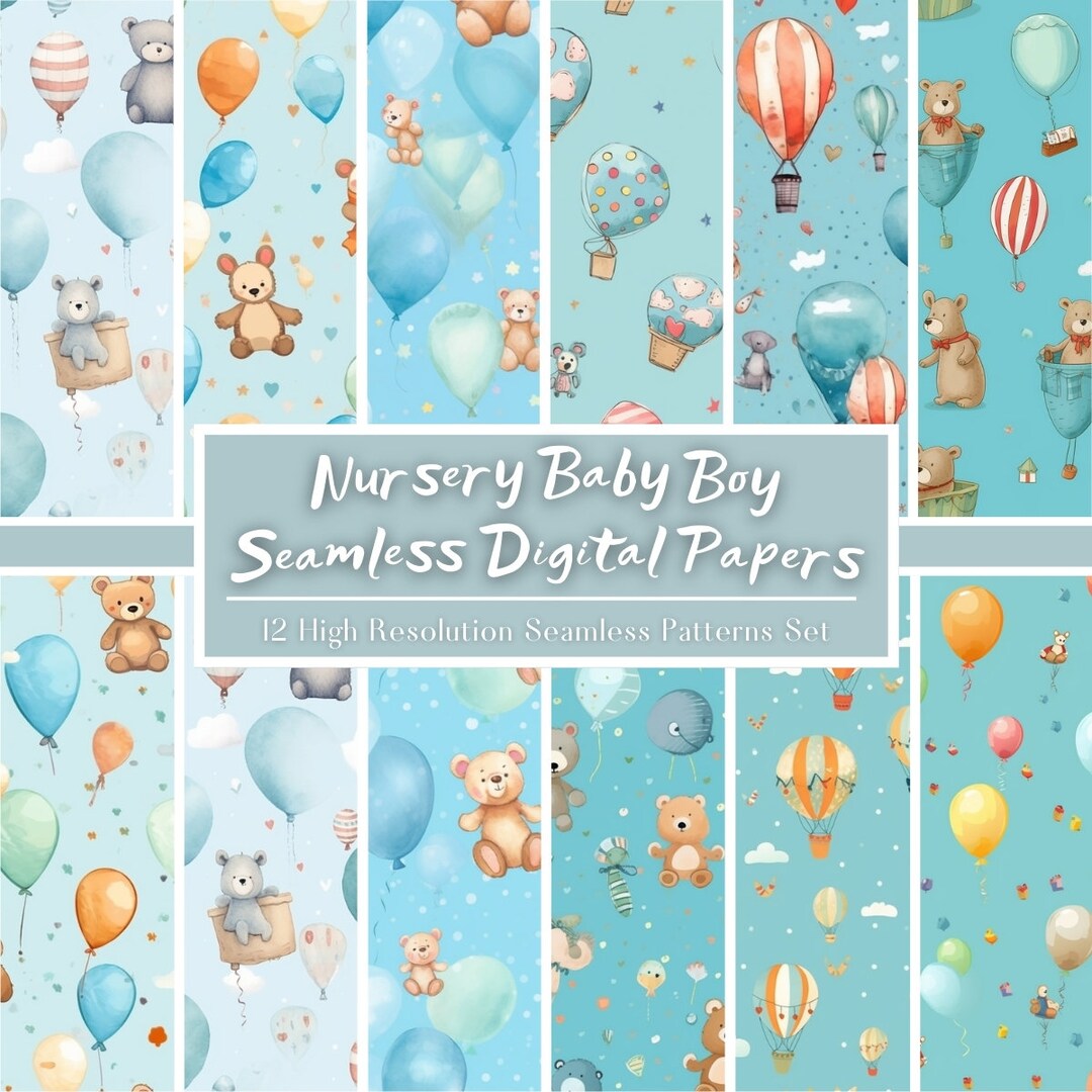 Nursery Baby Boy Digital Paper Set, Baby Boy Seamless Pattern, Nursery ...