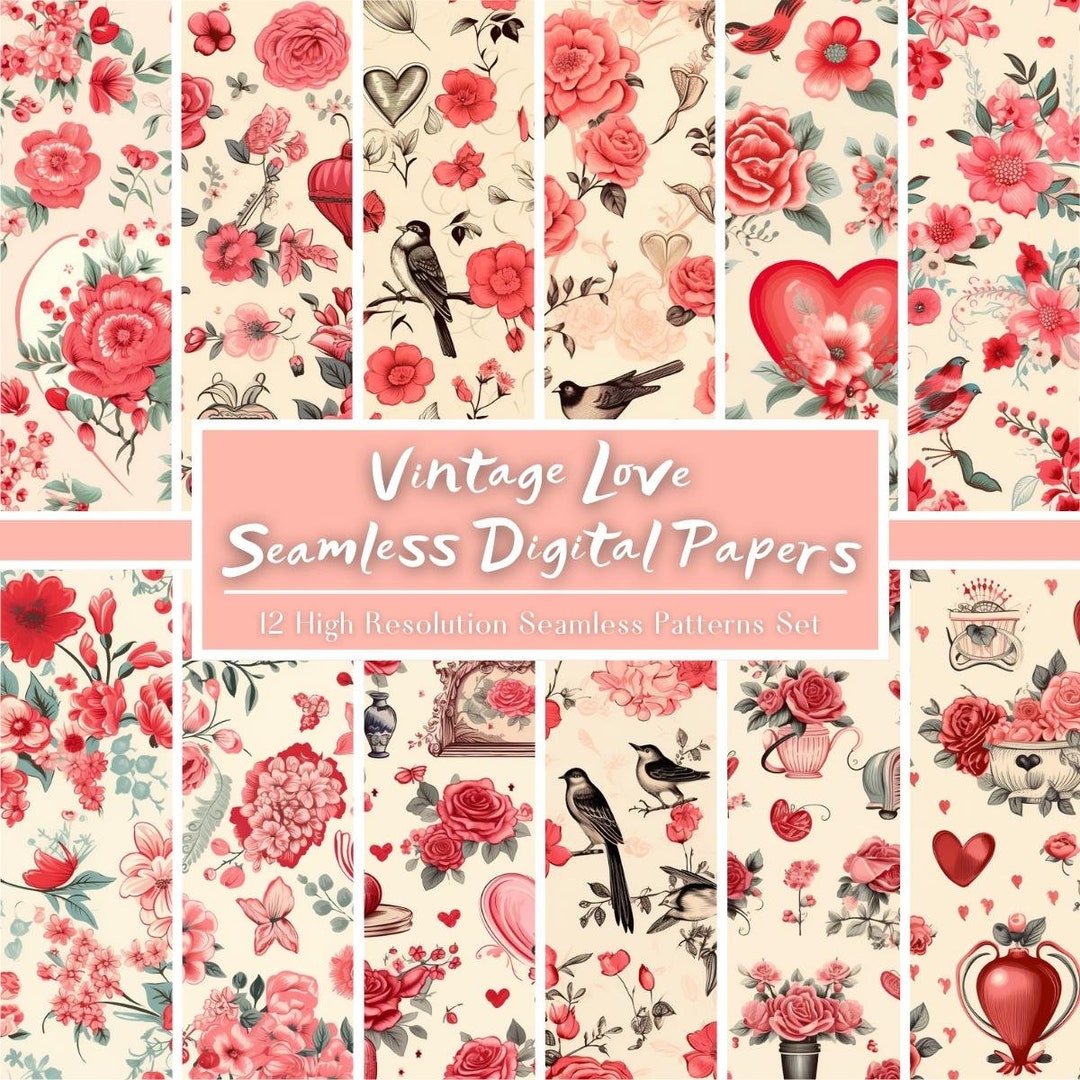 Vintage Valentine Digital Paper Set, Vintage Love Seamless Pattern ...