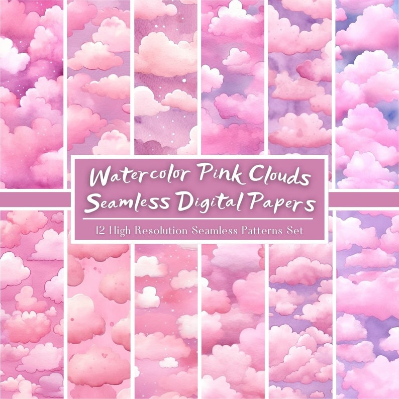 Watercolor Pink Clouds Digital Paper Set, Soft Sky Seamless Pattern ...