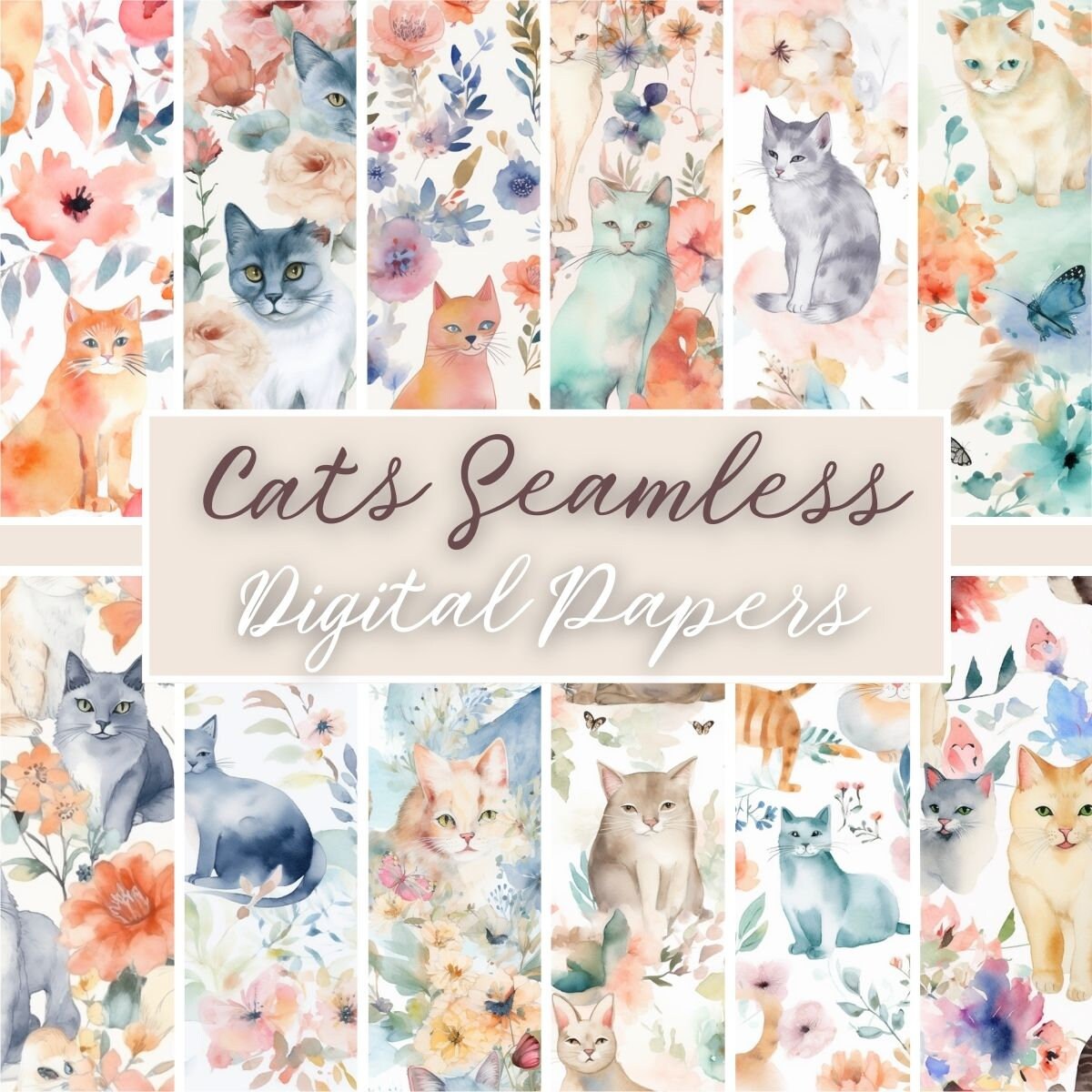 Cats Digital Paper, Flowers Seamless Pattern, Cats Seamless Pattern ...