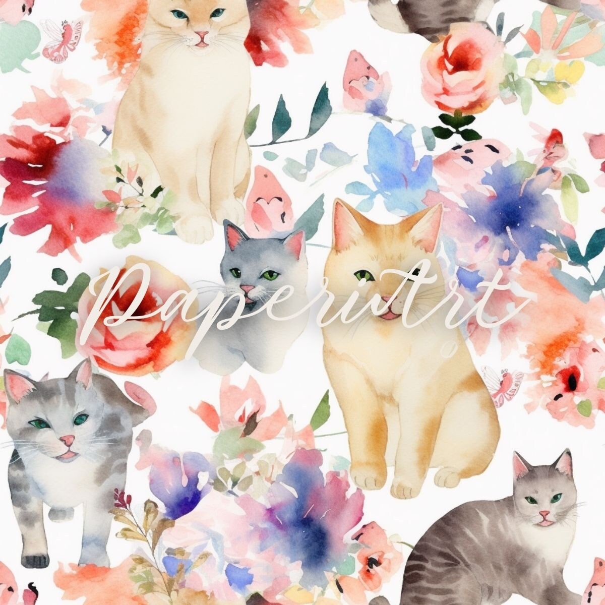 Cats Digital Paper, Flowers Seamless Pattern, Cats Seamless Pattern ...