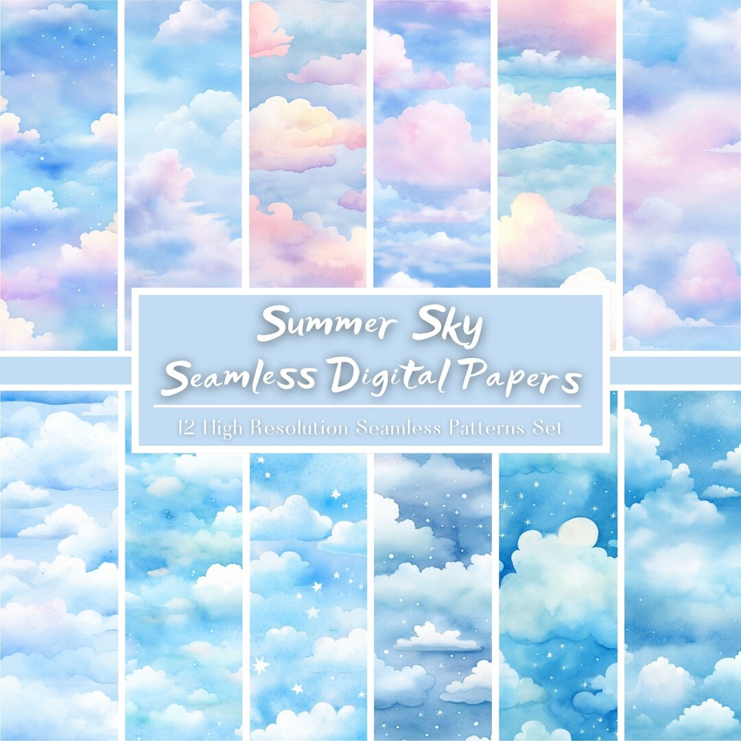 Watercolor Summer Sky Seamless Pattern Set, Pastel Clouds Digital ...