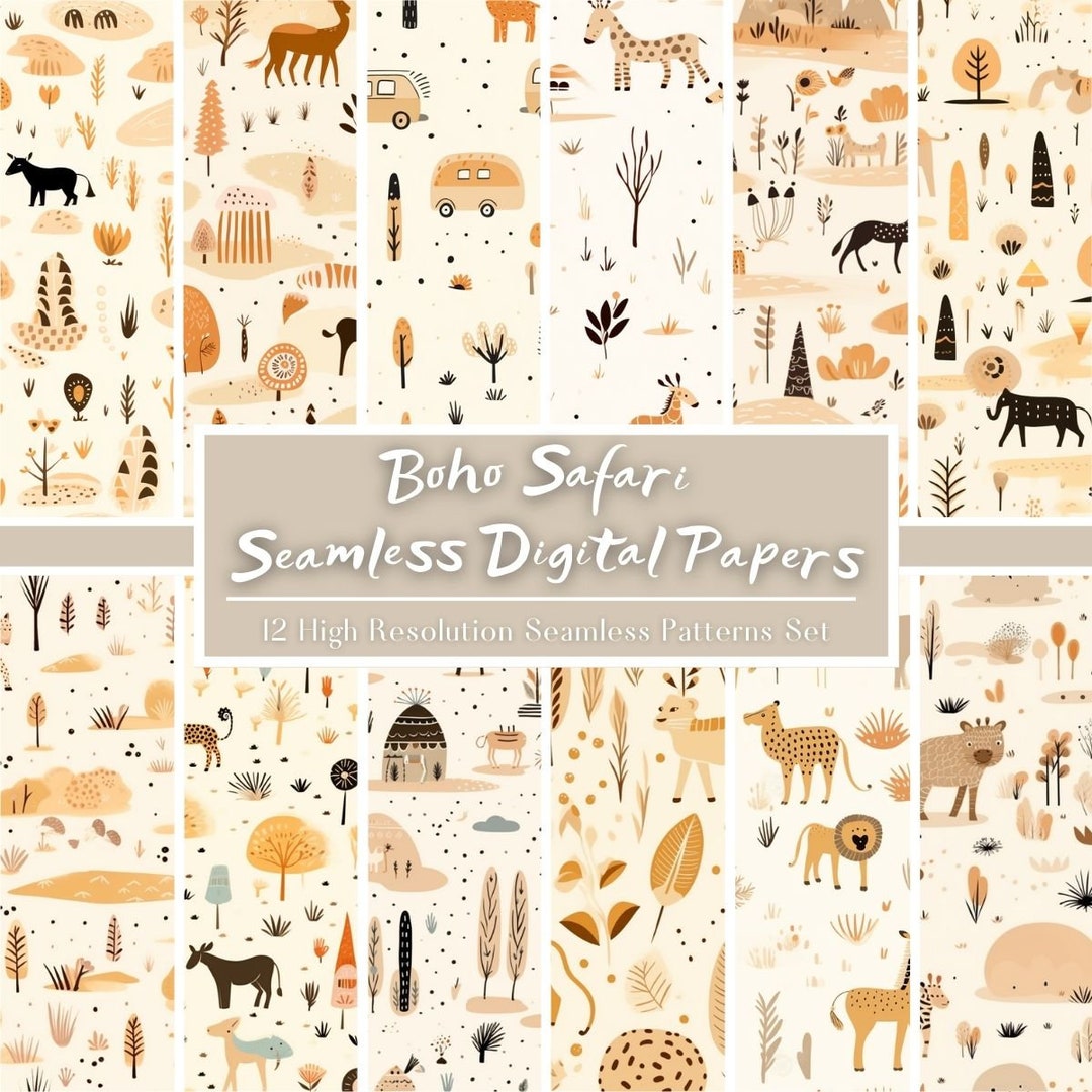Boho Safari Digital Paper Set, Bohemian Safari Seamless Patterns, Boho ...