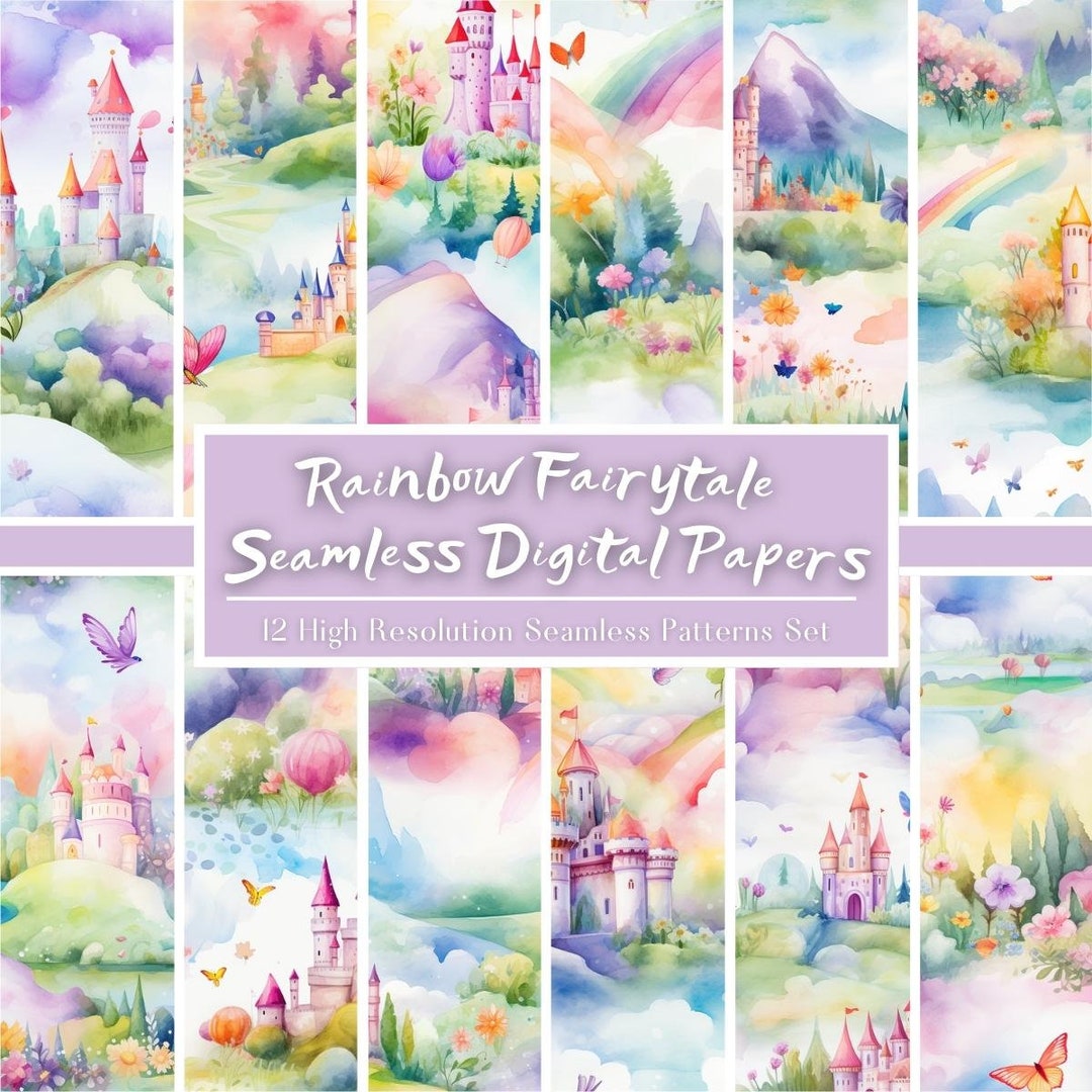 Rainbow Fairytale Digital Paper Set, Colorful Castle Seamless Pattern ...