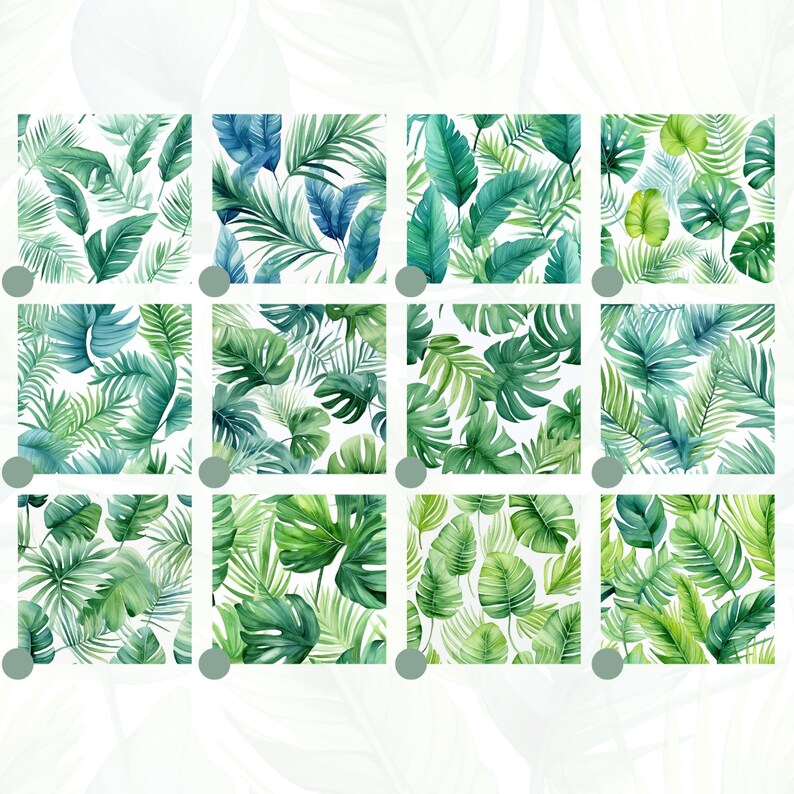 Tropical Greenery Digital Paper Set, Watercolor Leaves Seamless Pattern ...