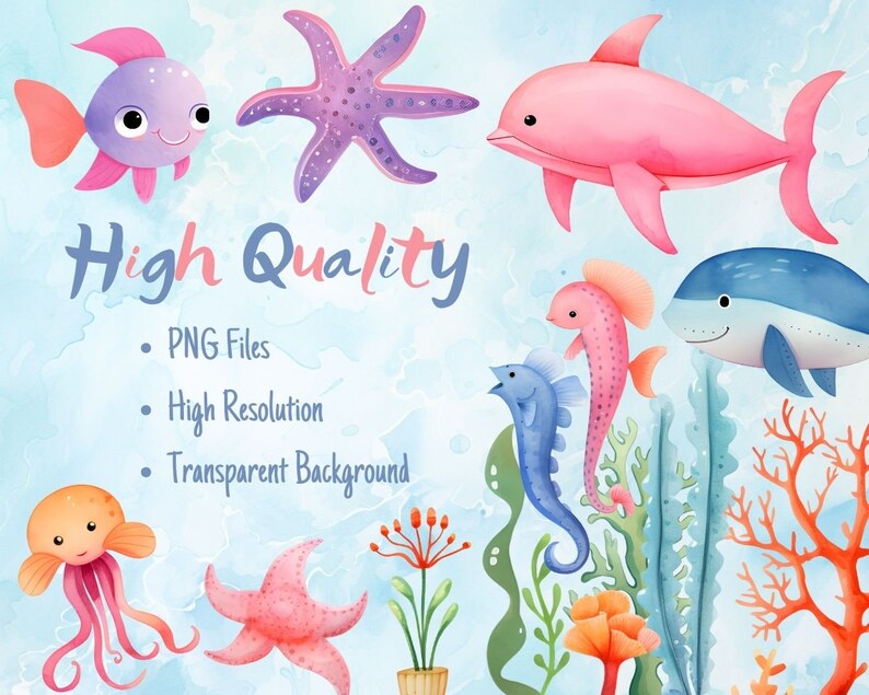 Watercolor Ocean Animals Clipart Set Cute Sea Animals Clip - Etsy