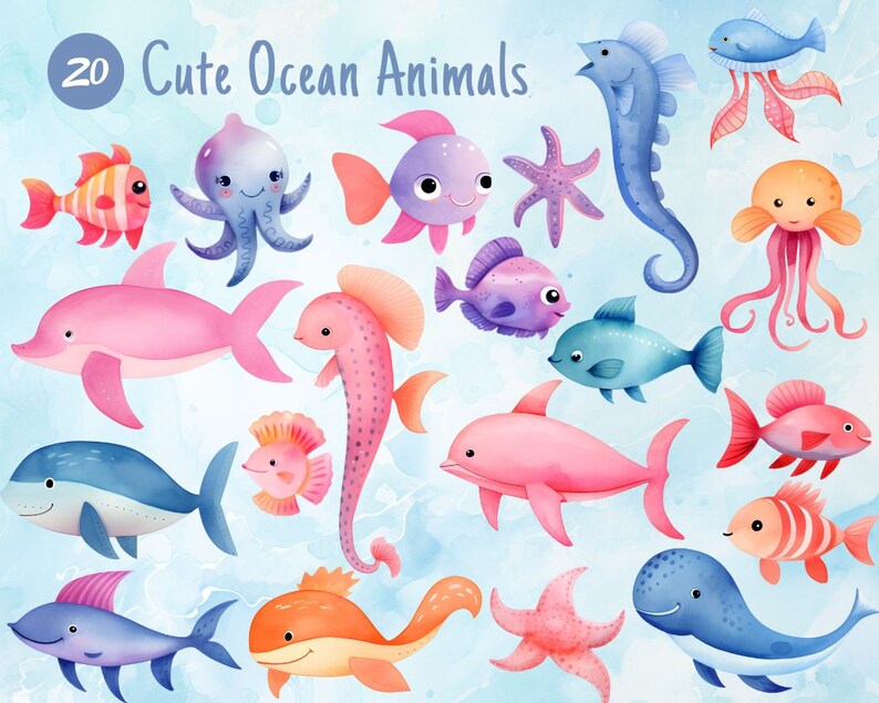 Watercolor Ocean Animals Clipart Set Cute Sea Animals Clip - Etsy