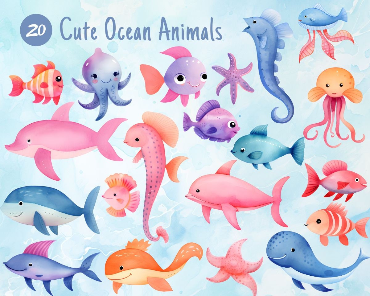Watercolor Ocean Animals Clipart Set Cute Sea Animals Clip - Etsy Australia