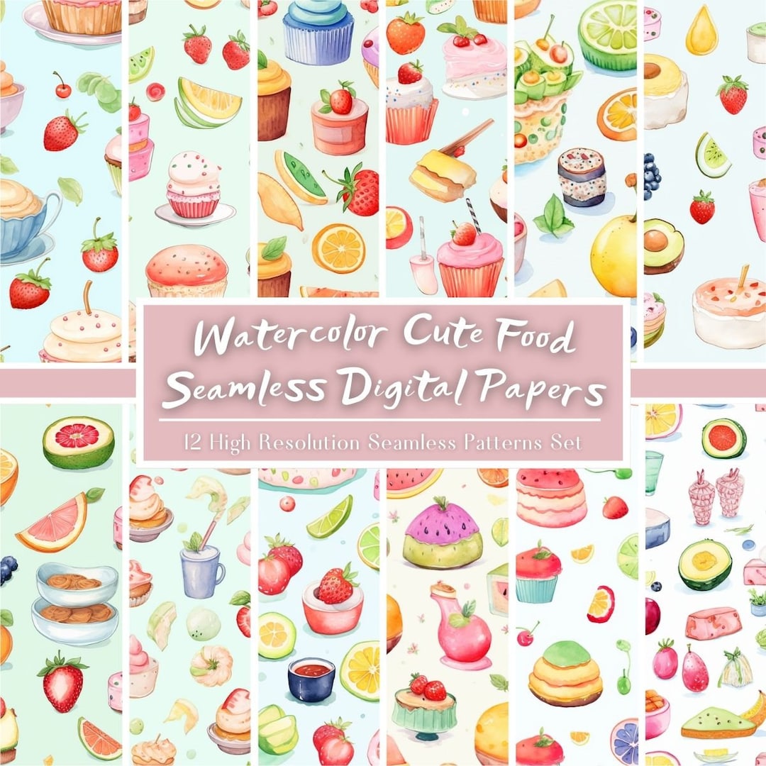 Watercolor Cute Food Digital Paper Set, Cuto Food Seamless Pattern ...