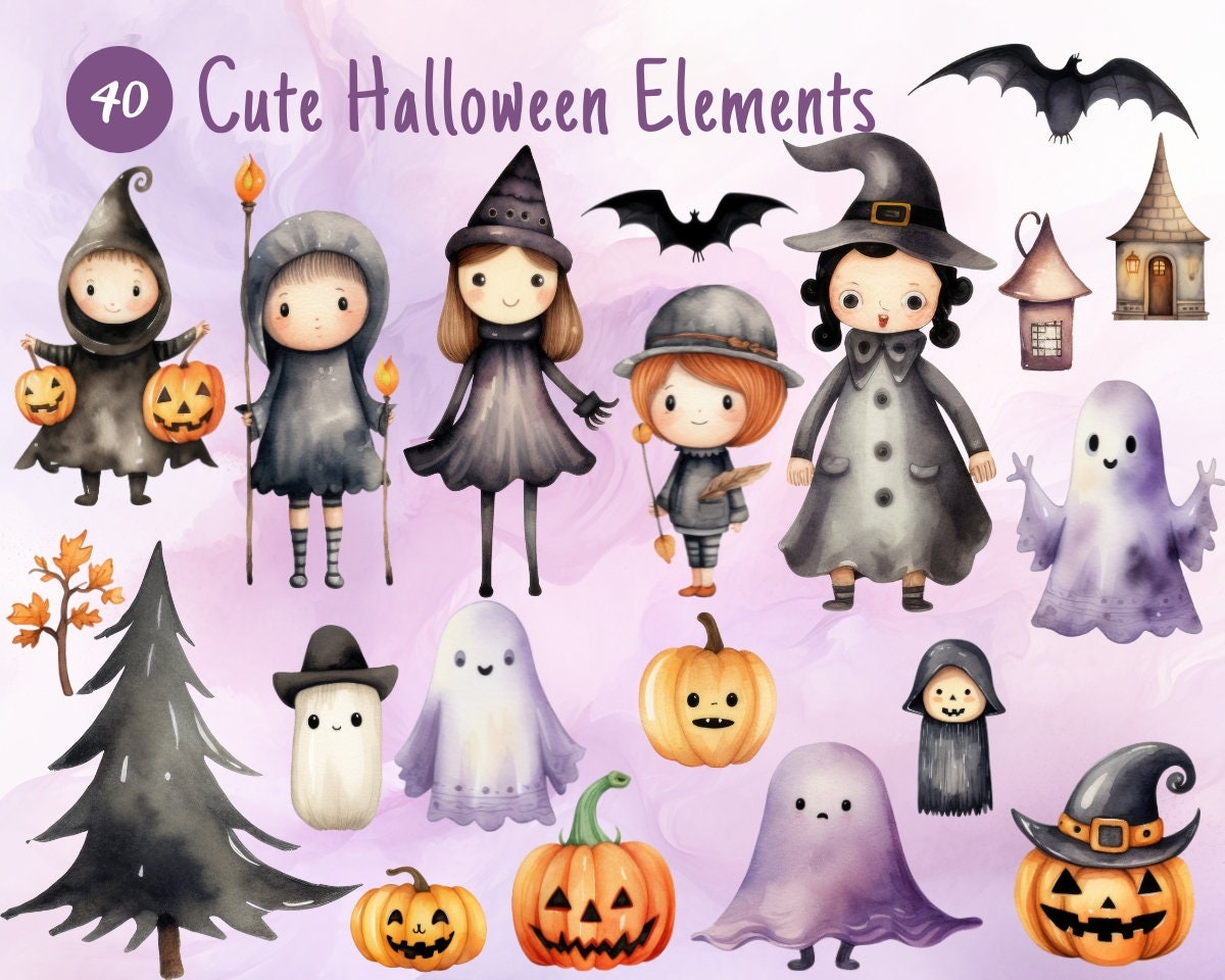 Cute Pastel Halloween Clipart | Watercolor Ghosts & Pumpkins PNG ...