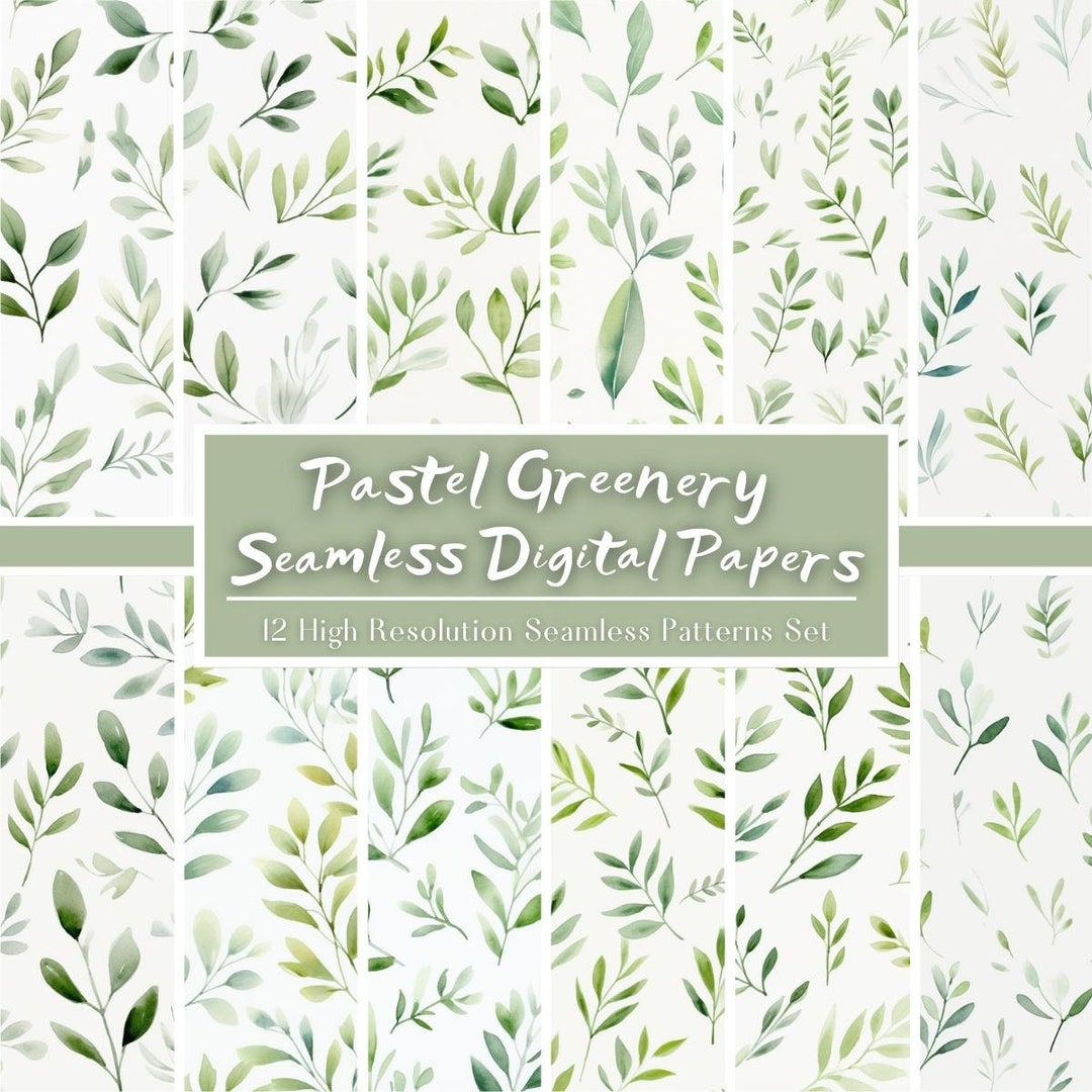Pastel Greenery Seamless Pattern Set, Watercolor Leaves Digital Papers ...