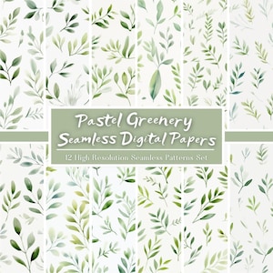 Pastel Greenery Seamless Pattern Set, Watercolor Leaves Digital Papers ...