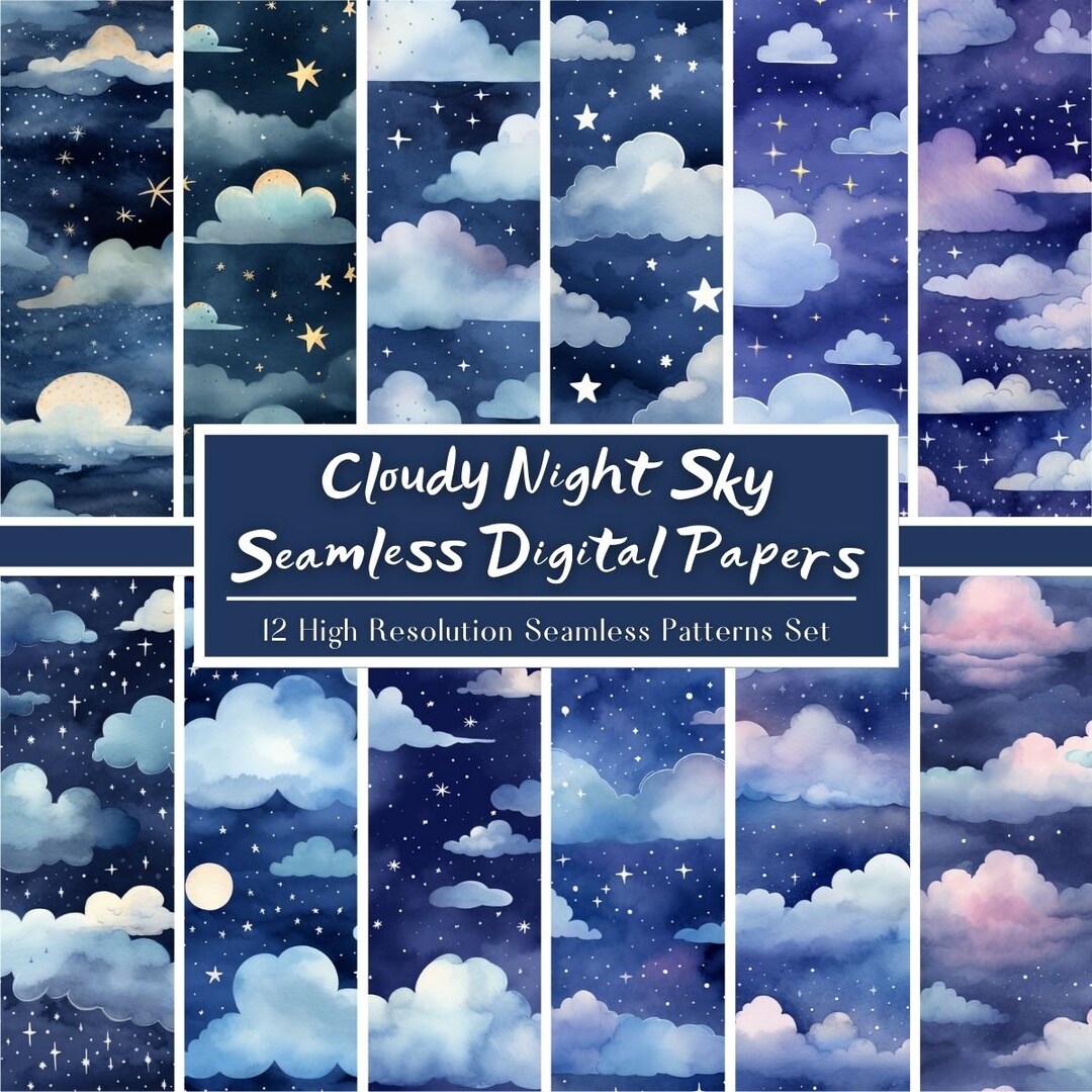 Watercolor Cloudy Night Digital Paper Set, Cloudy Night Sky Seamless ...
