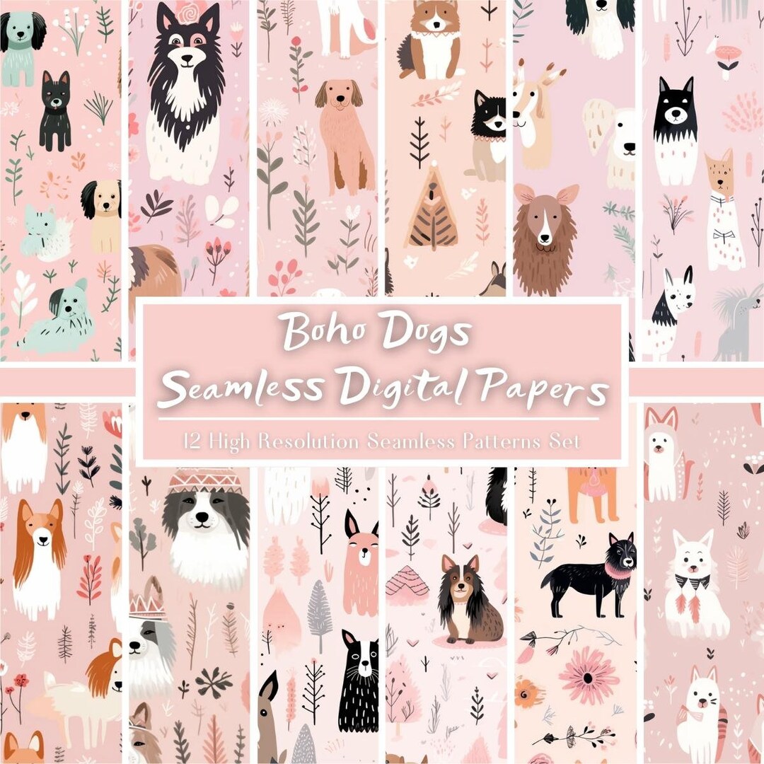 Boho Dogs Digital Paper Set, Bohemian Dog Seamless Pattern, Pet Digital ...