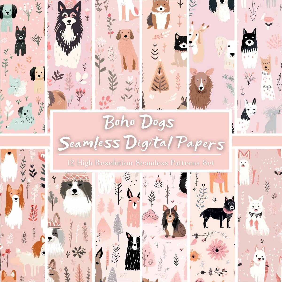 Boho Dogs Digital Paper Set, Bohemian Dog Seamless Pattern, Pet Digital ...