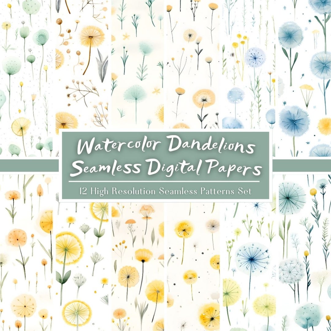 Watercolor Dandelions Digital Paper Set, Dandelions Seamless Pattern ...
